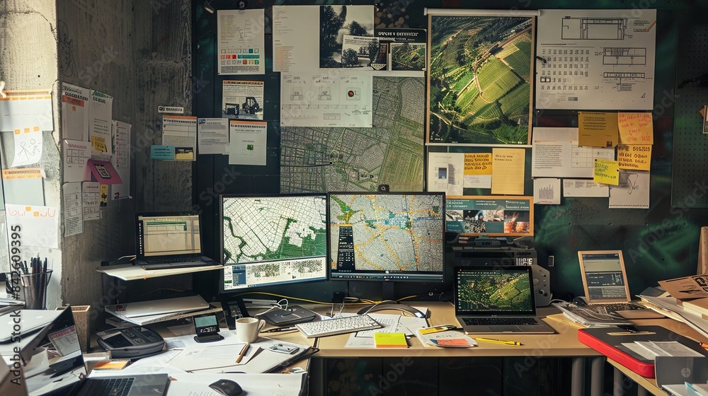 A photo of an office cubicle with two monitors, showing map and drone ...