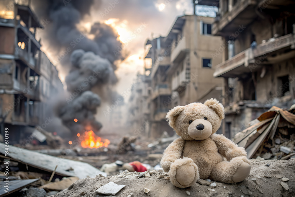 Kids teddy bear toy over city burned destruction of an aftermath war ...