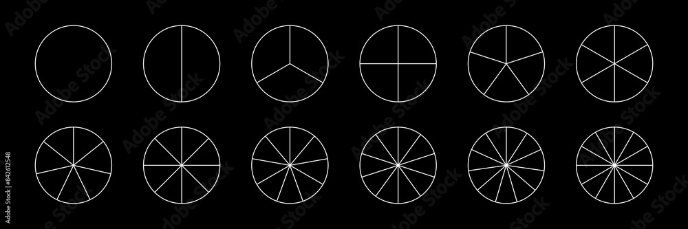 Pie chart divided in segments from 1 to 12 isolated on black background ...