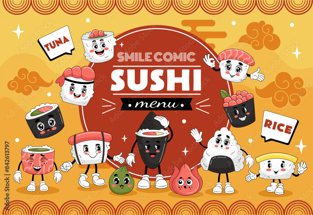 Sushi banner. Asian restaurant menu. Smiling cartoon characters. Salmon ...
