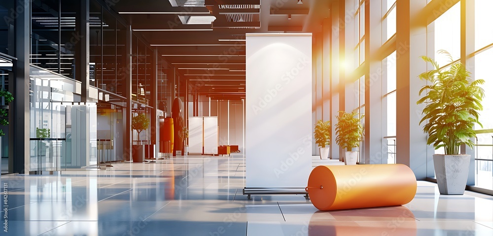 Wide blank roll-up standee banners in the main atrium of a business ...