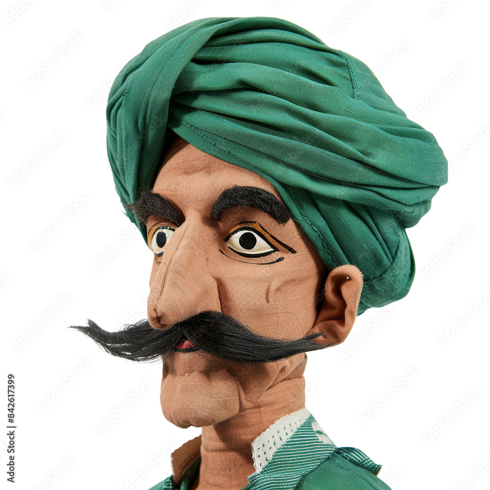 Close-up portrait of a puppet with a turban and mustache. white ...
