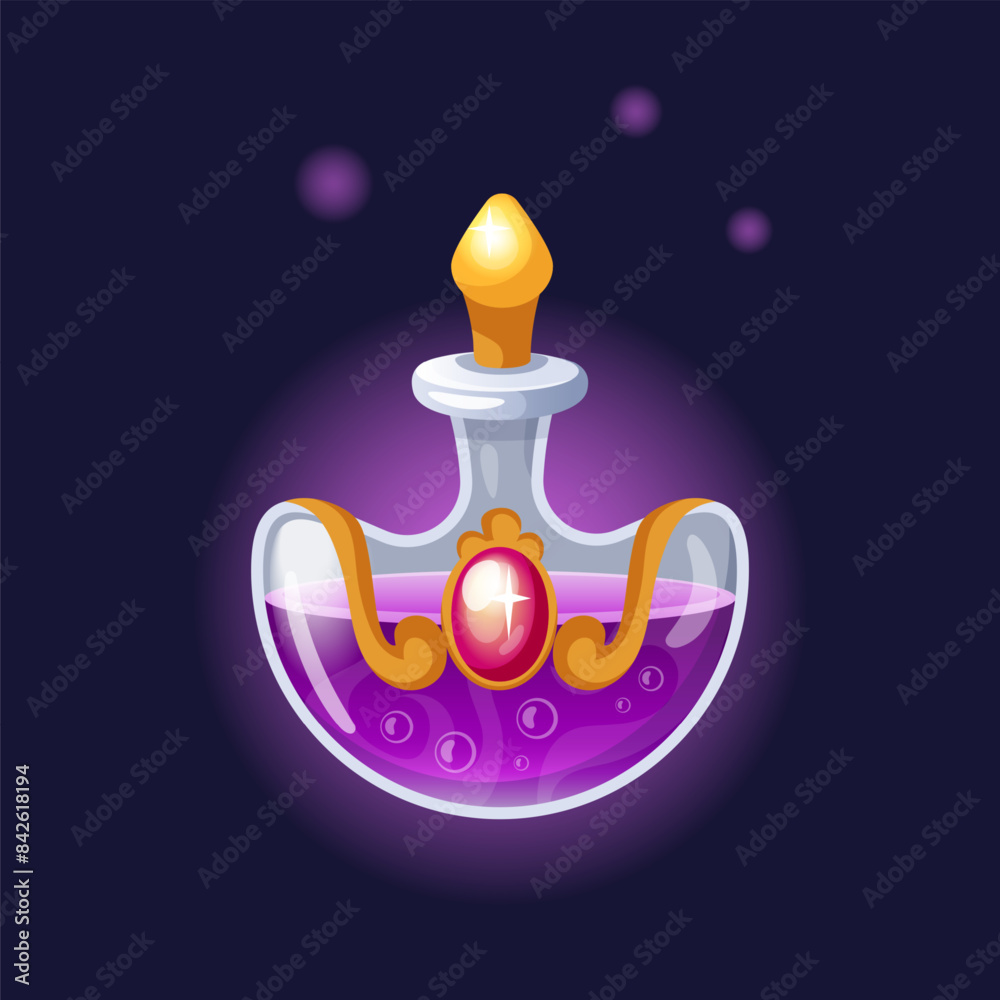 Magic potion. Elixir bottle. Mystery purple liquid. Magical poison ...