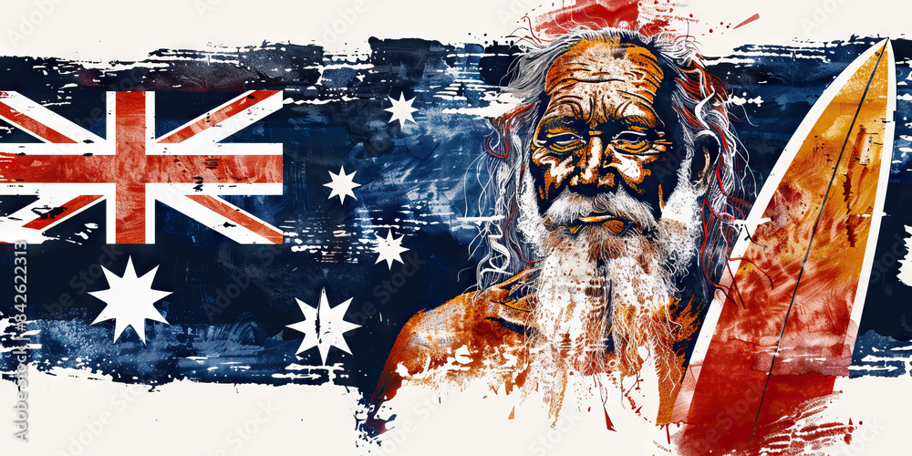 The Australian Flag with an Aboriginal Elder and a Surfer - Imagine the ...