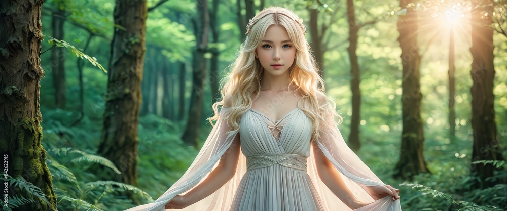 A serene blonde elf with flowing hair and a light dress stands ...