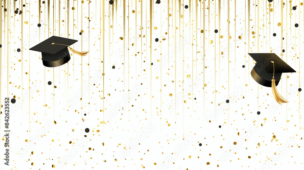 Graduation background with graduate cap, black and gold color, glitter ...