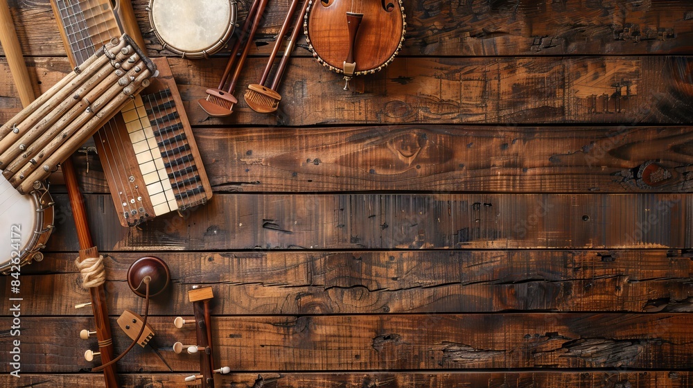 Vintage musical instruments and tools on a wooden background with space ...