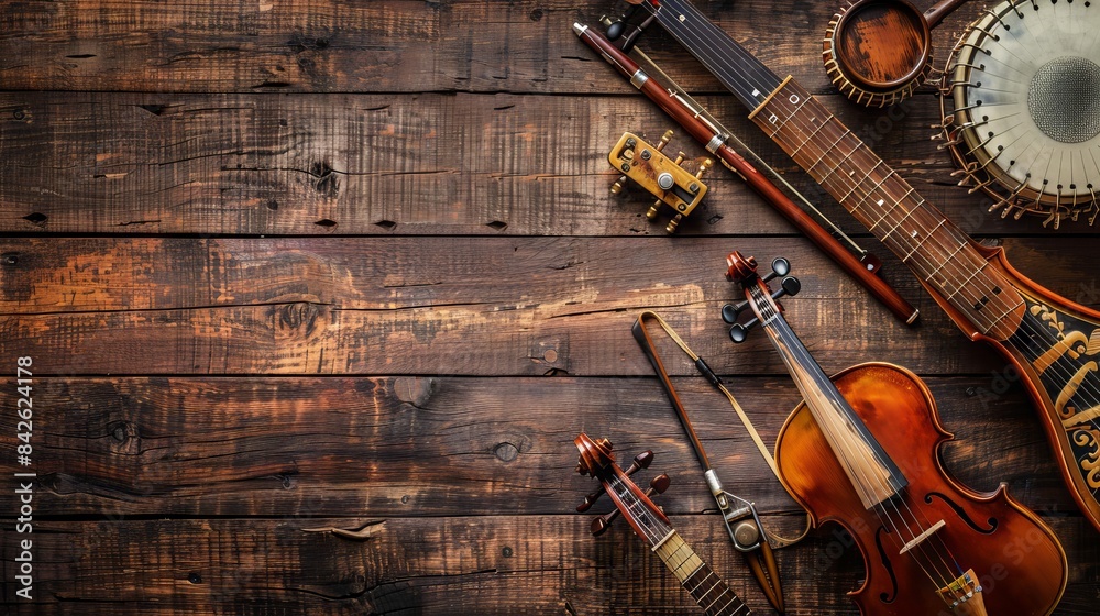 Vintage musical instruments and tools on a wooden background with space ...