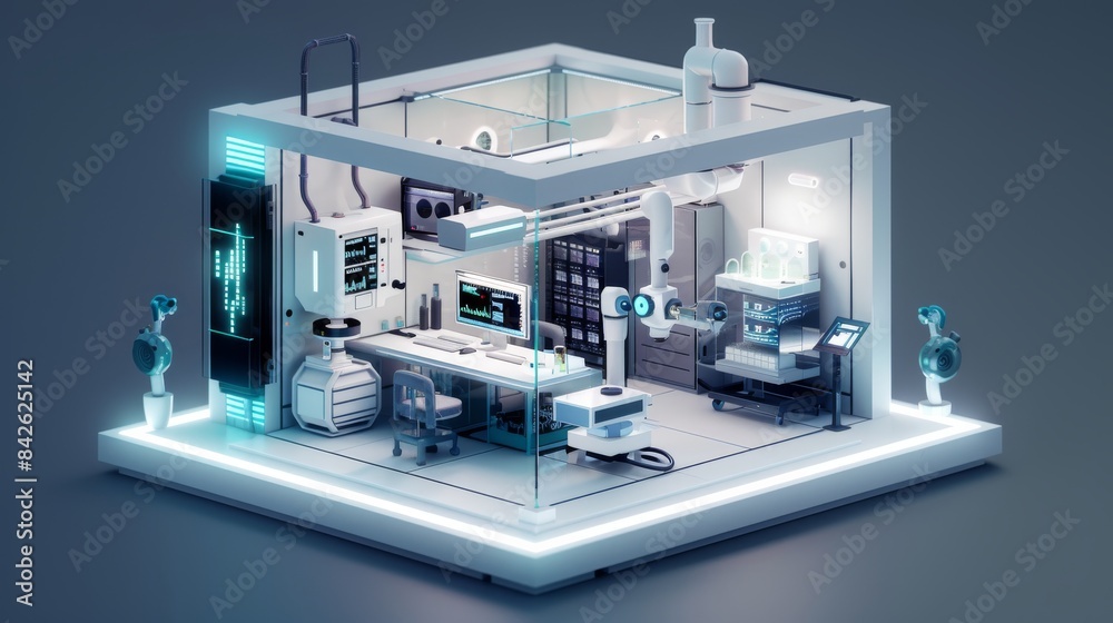 isometric futuristic lab, transparent glass walls, white acrylic ...