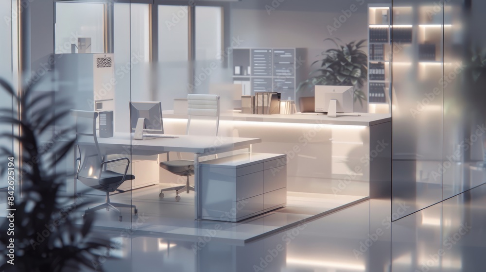 isometric office interior, sleek furniture, frosted glass partitions ...