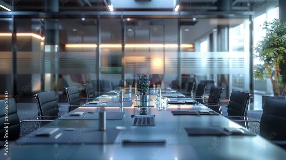 isometric tech conference room, sleek tables, frosted glass dividers ...