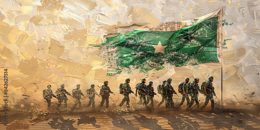 The Green and White: The Flag of Saudi Arabia with Soldiers in Desert ...