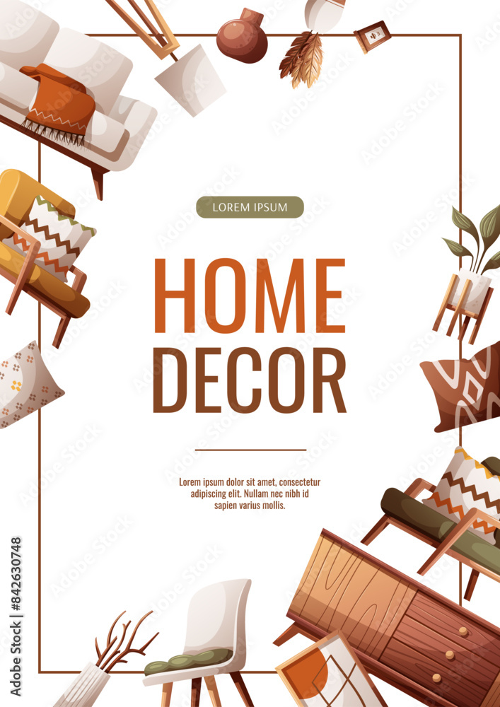 Flyer design with cozy sofa, armchair, chair, chest drawers, interior ...