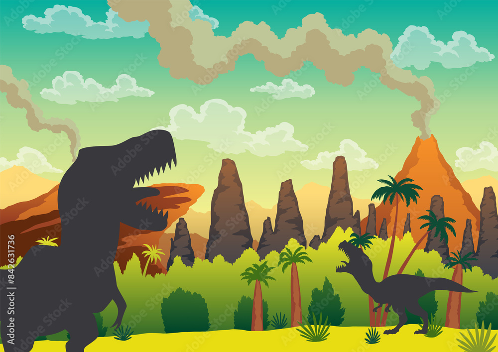 Prehistoric landscape - volcano with smoke, mountains, dinosaurs and ...