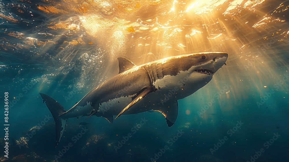 White shark swimming underwater with sun rays breaking through the ...