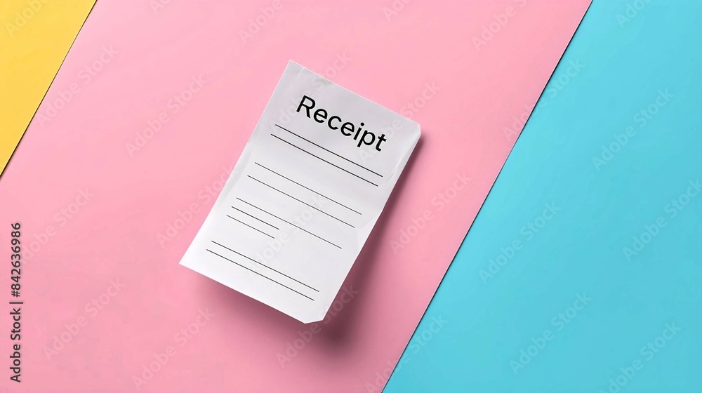 Simple receipt placed on a colorful pink, yellow, and blue background ...
