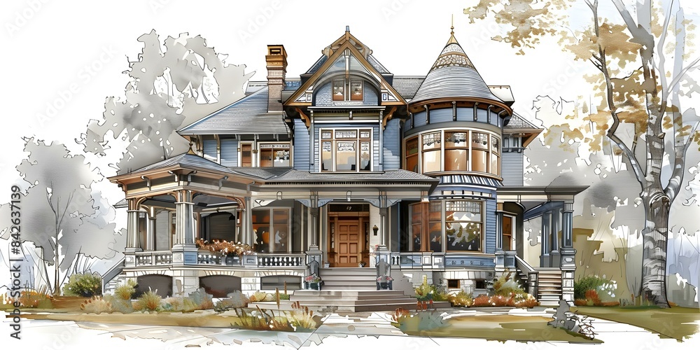 Popular Victorian Queen Anne style house in colored pencil highly ...