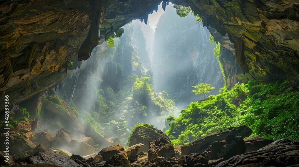 Mystery cave entrance with rocks, mist, green trees in Son Doong Cave ...
