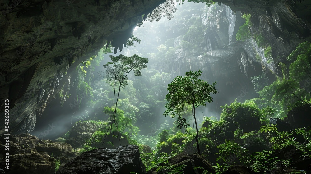 Mystery cave entrance with rocks, mist, green trees in Son Doong Cave ...
