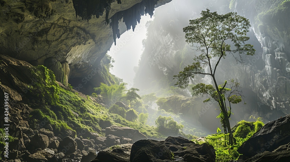 Mystery cave entrance with rocks, mist, green trees in Son Doong Cave ...