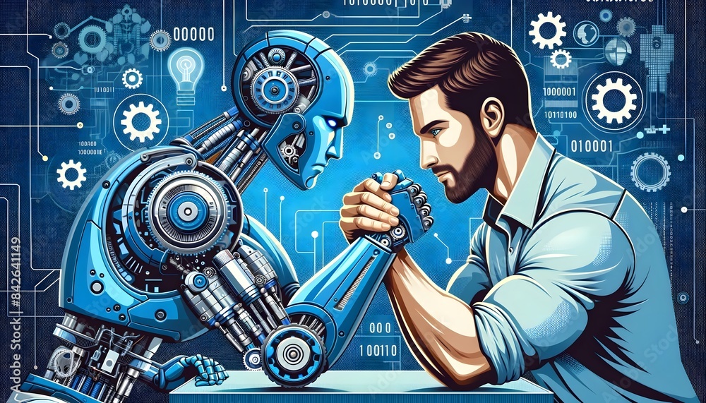 Human vs. AI: Intense Arm Wrestling Battle Symbolizing Technology's ...