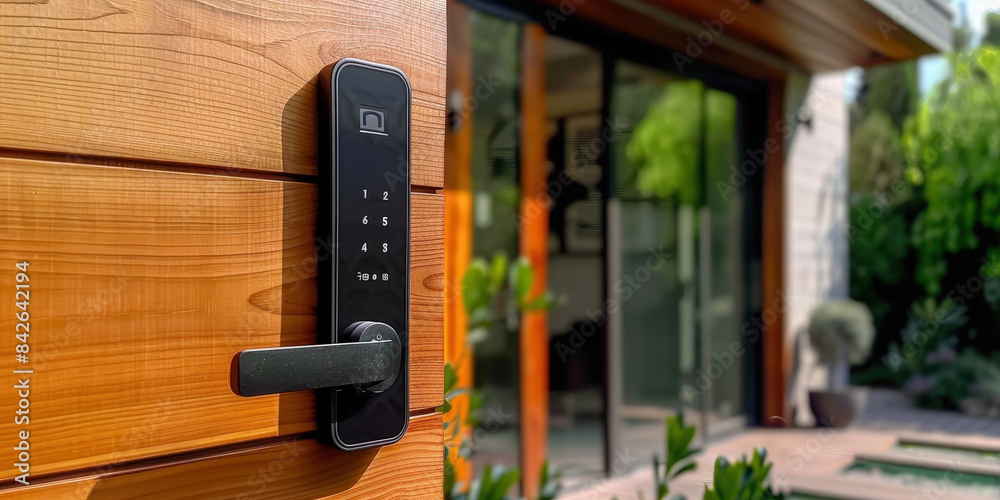 Smart door lock with a keypad installed on a wooden door of a modern ...
