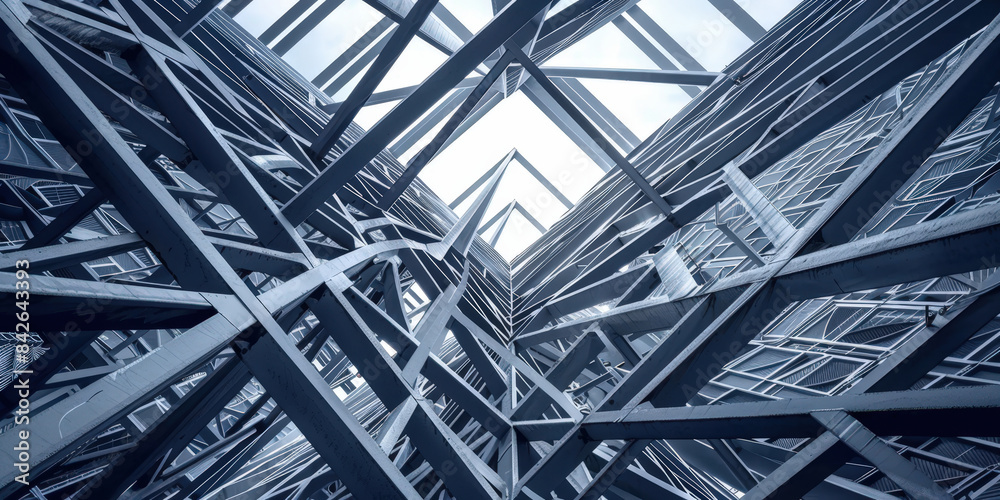 Abstract view of industrial steel framework captured from below ...