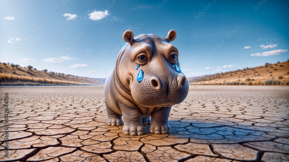Crying hippo stands on cracked dry river bed in desolate landscape, looking sad with teary eyes ...