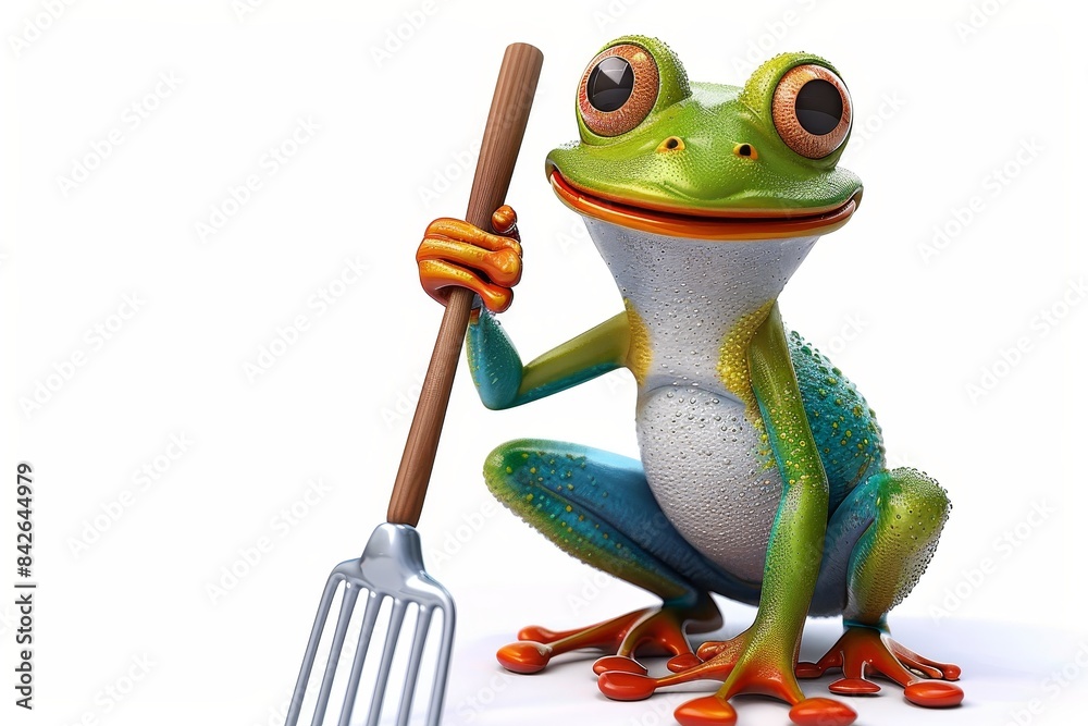 An animated frog character in 3D standing upright with a garden fork ...