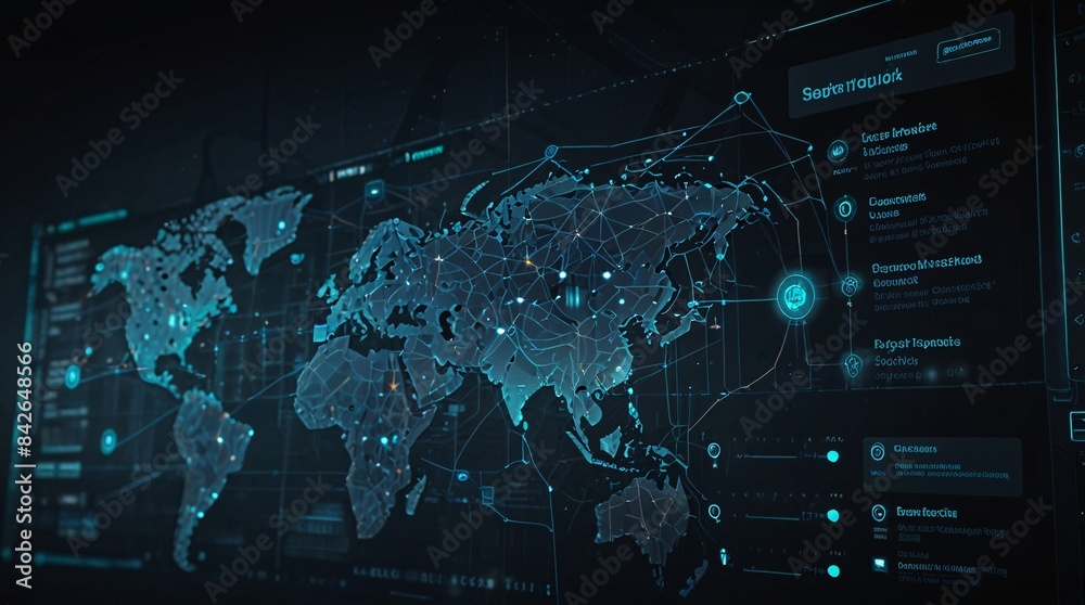 Digital world map displayed on a computer screen with audio controls ...