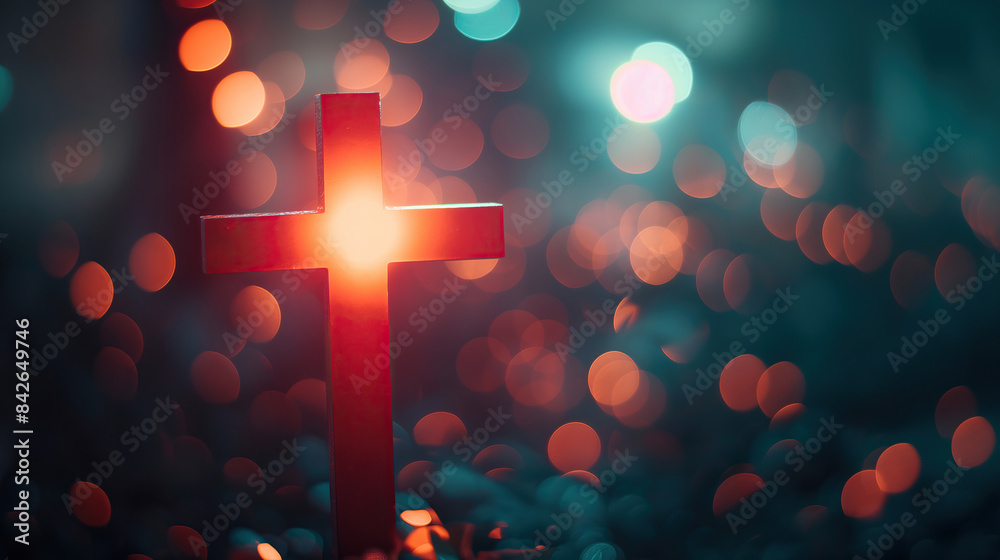 Christian cross in raining city with bokeh lights, urban background for ...