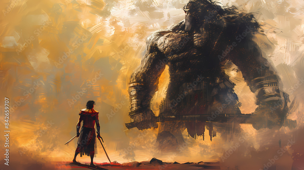 Epic battle scene of David facing the giant Goliath in a dramatic ...