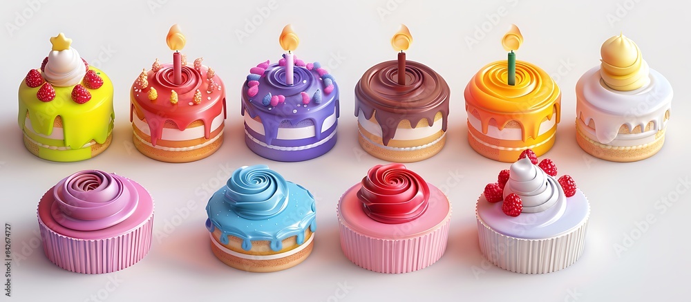 3D cartoon vector illustration of a set of colorful birthday cakes on a ...