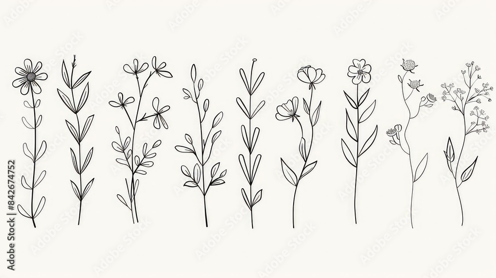 A set of delicate wildflower line drawings in the style of a minimalist ...