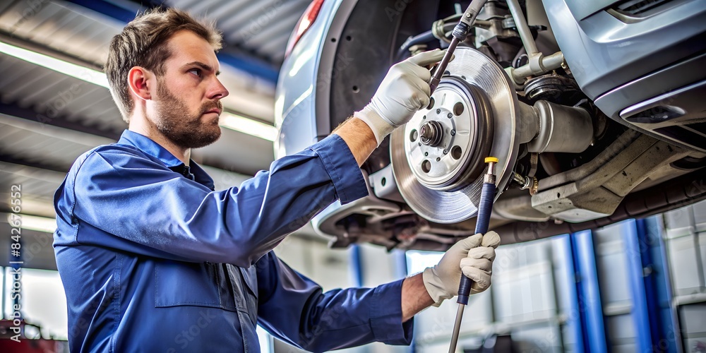 Mechanic Performing Brake System Flush with Tools and Fluids in Auto ...