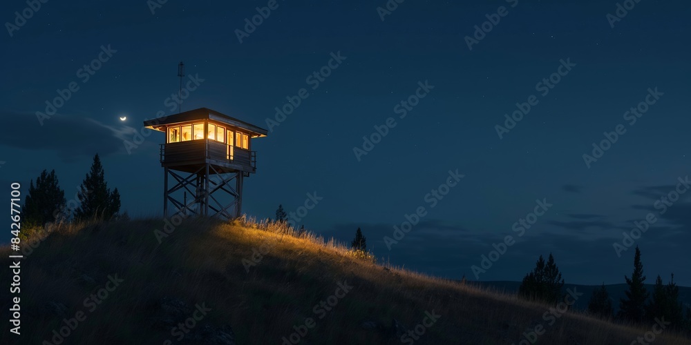 The watchtower on a hill glows warmly from the inside under moonlight ...