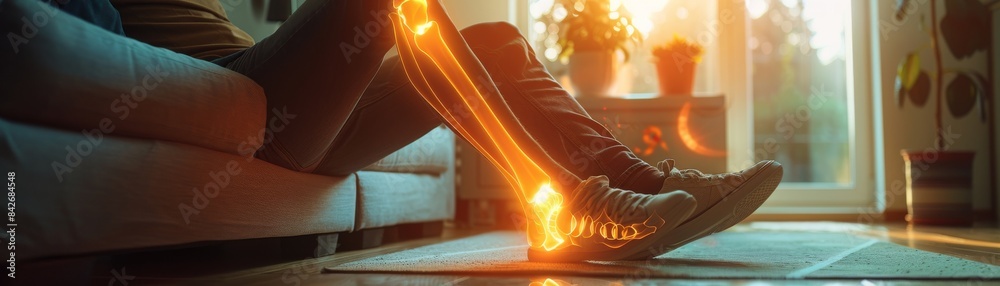 Shin pain men sitting with pain highlighted in the style of an Xray of ...