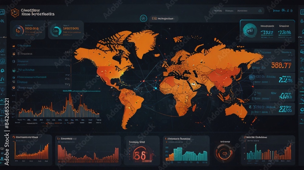 Digital world map displayed on a computer screen with audio controls ...