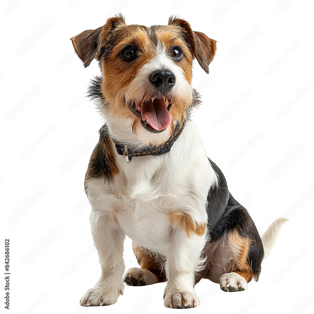 small dog sitting on a white surface with its mouth open, transparent ...