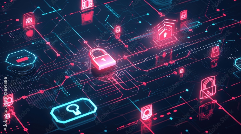 Graphic illustration showcasing a secure network of various devices ...