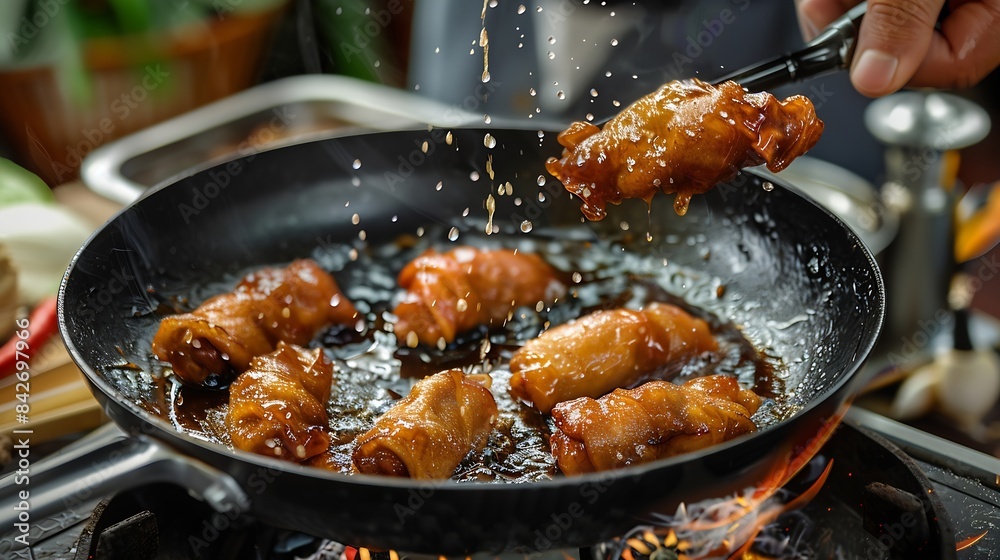 Frying Chicken Egg Roll in Hot Oil using White Pan Cooking Backstage ...