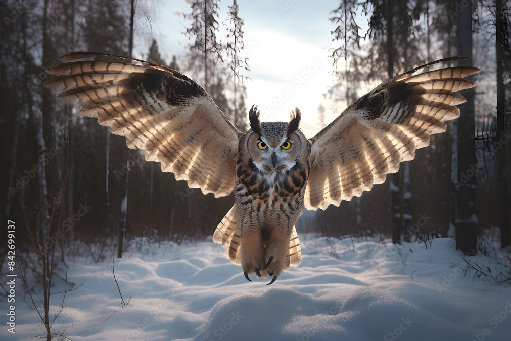 Eagle owl in flight. Attack of a large owl. Illustration with the bird ...