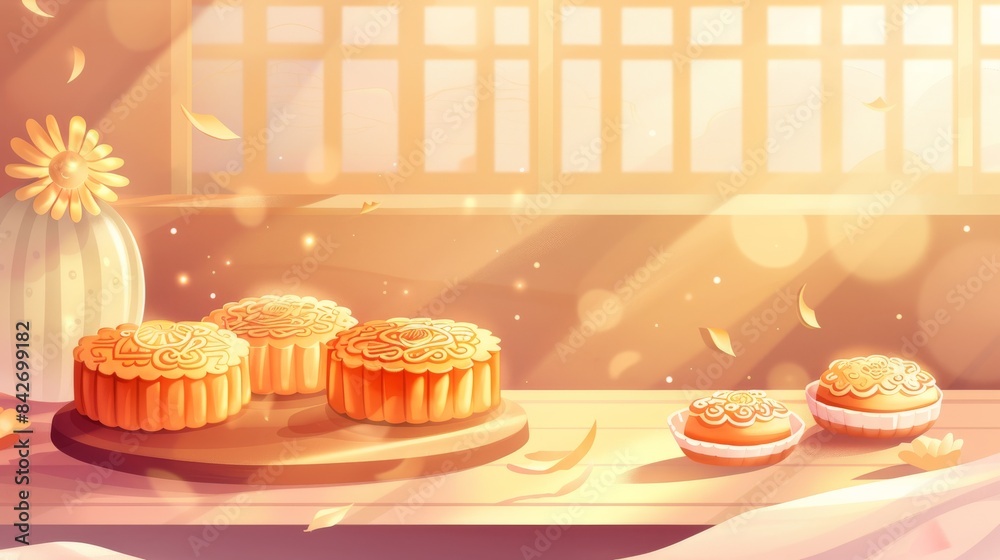 Mid-autumn illustration, mooncake, small freshness, storybook ...