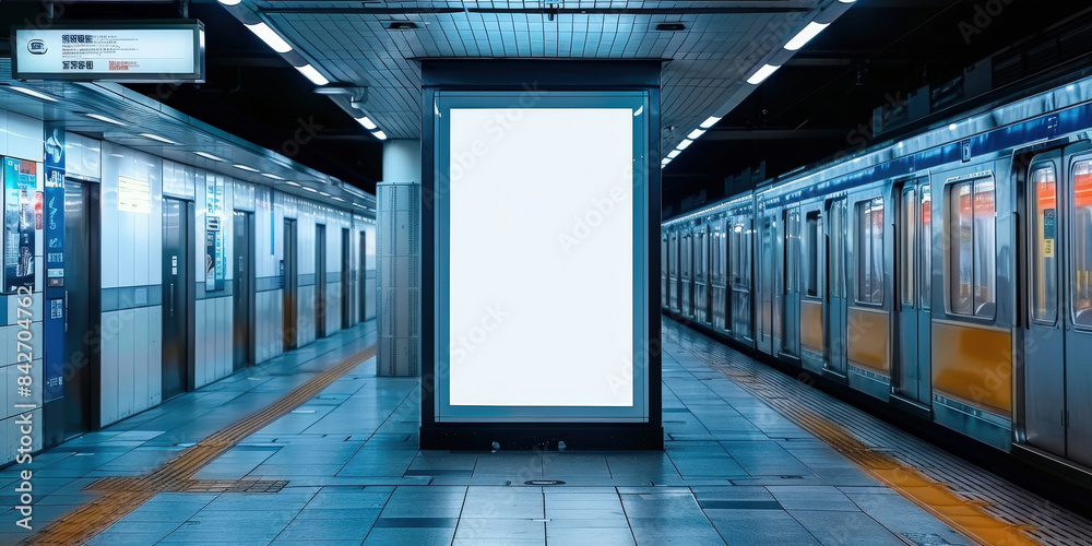 Subway platform with a central blank billboard illuminated by overhead ...