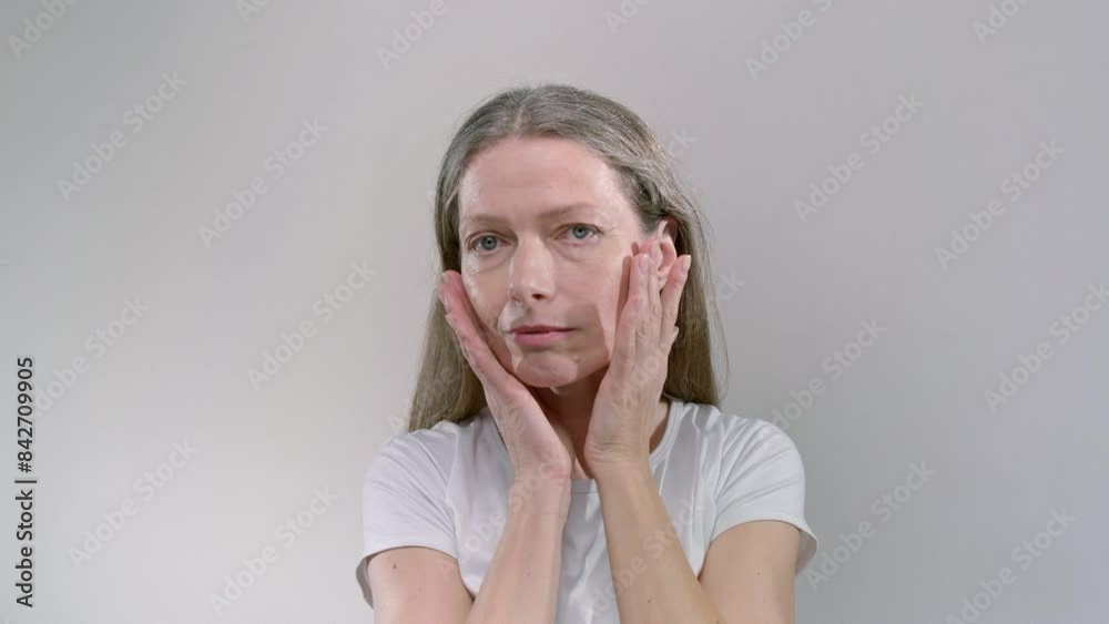 Portrait: old woman touches her face and cheeks with her hands. Elderly ...