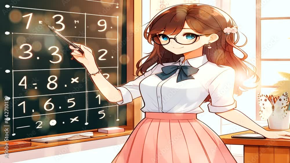 Cartoon of young female teacher writing on board in classroom, seamless ...