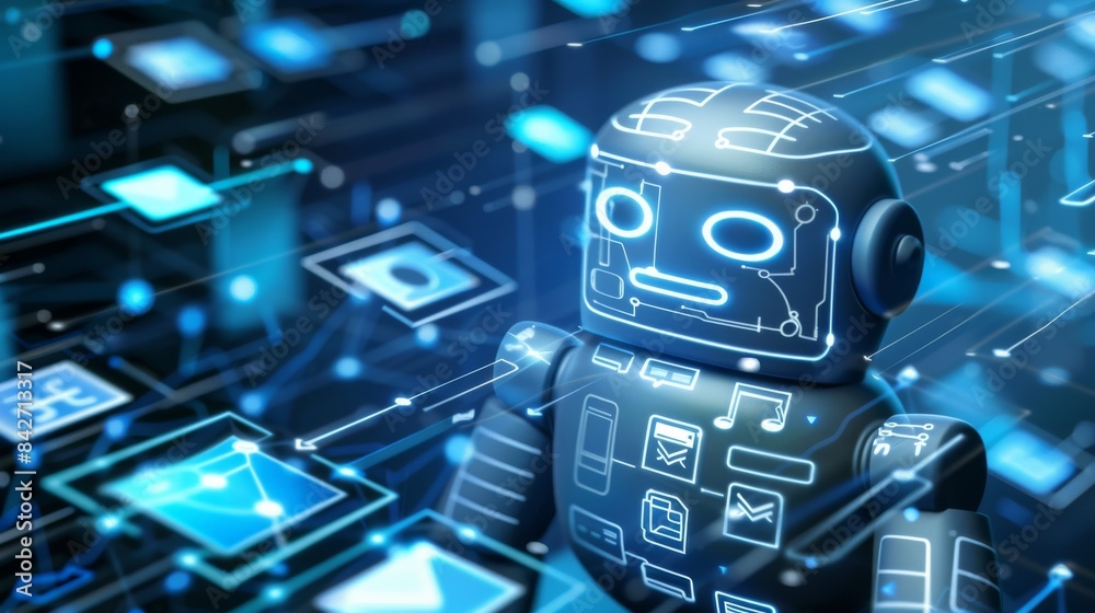 chat bot icon, digital overlays of file folders and data streams; a ...