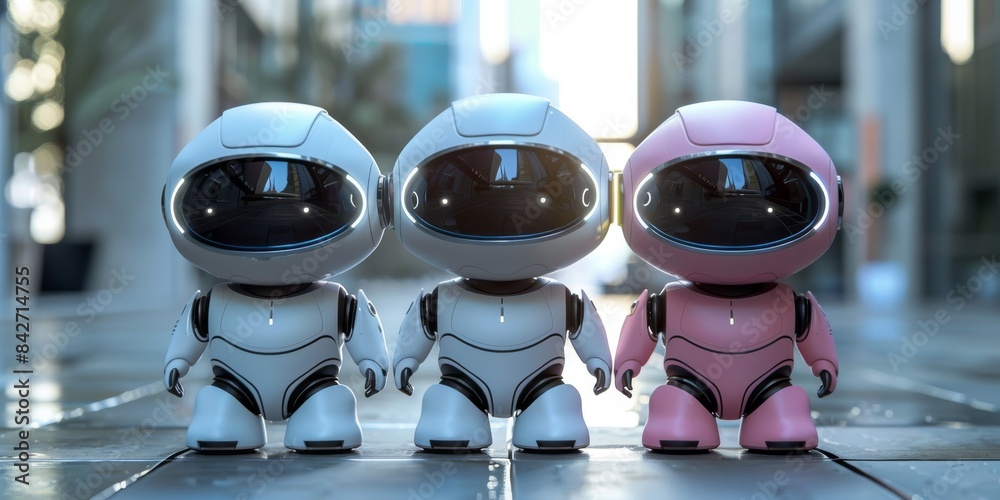 A few cute AI robots look at the camera together, round and smooth, 3D ...
