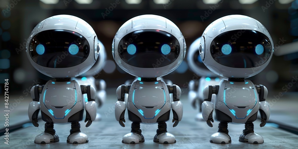 A few cute AI robots look at the camera together, round and smooth, 3D ...