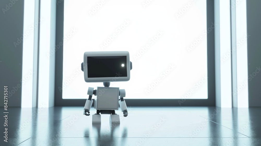 Cute little cubic robot stands in the middle of the hall and stares at ...